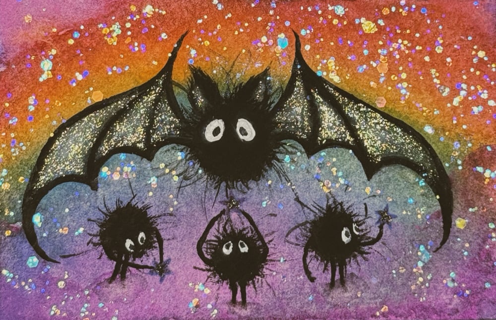 ‘Soot Bat & the Rainbow Sprites’ Embellished Art Print | Autumn Lynn Art