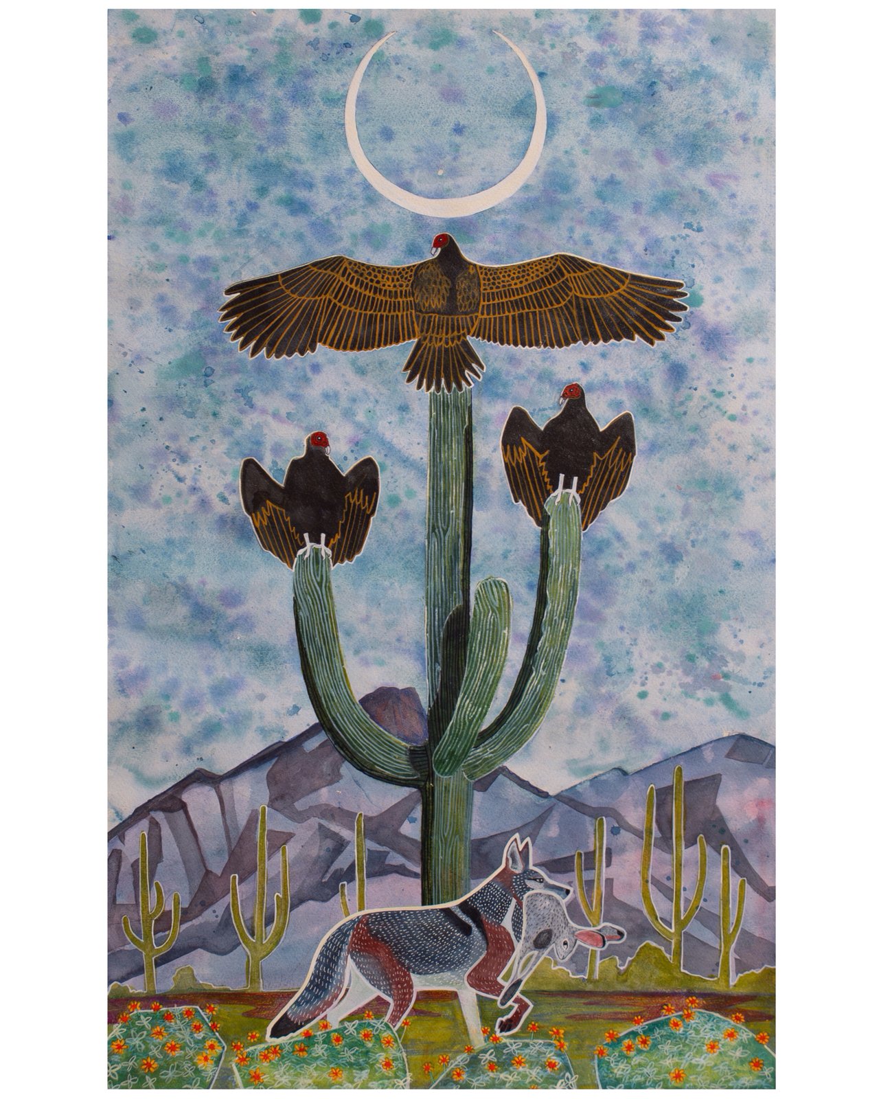 "Coyote, 3 Vultures, Saguaro, Dead Jackrabbit" by Zasha Welsh | Warm Shape