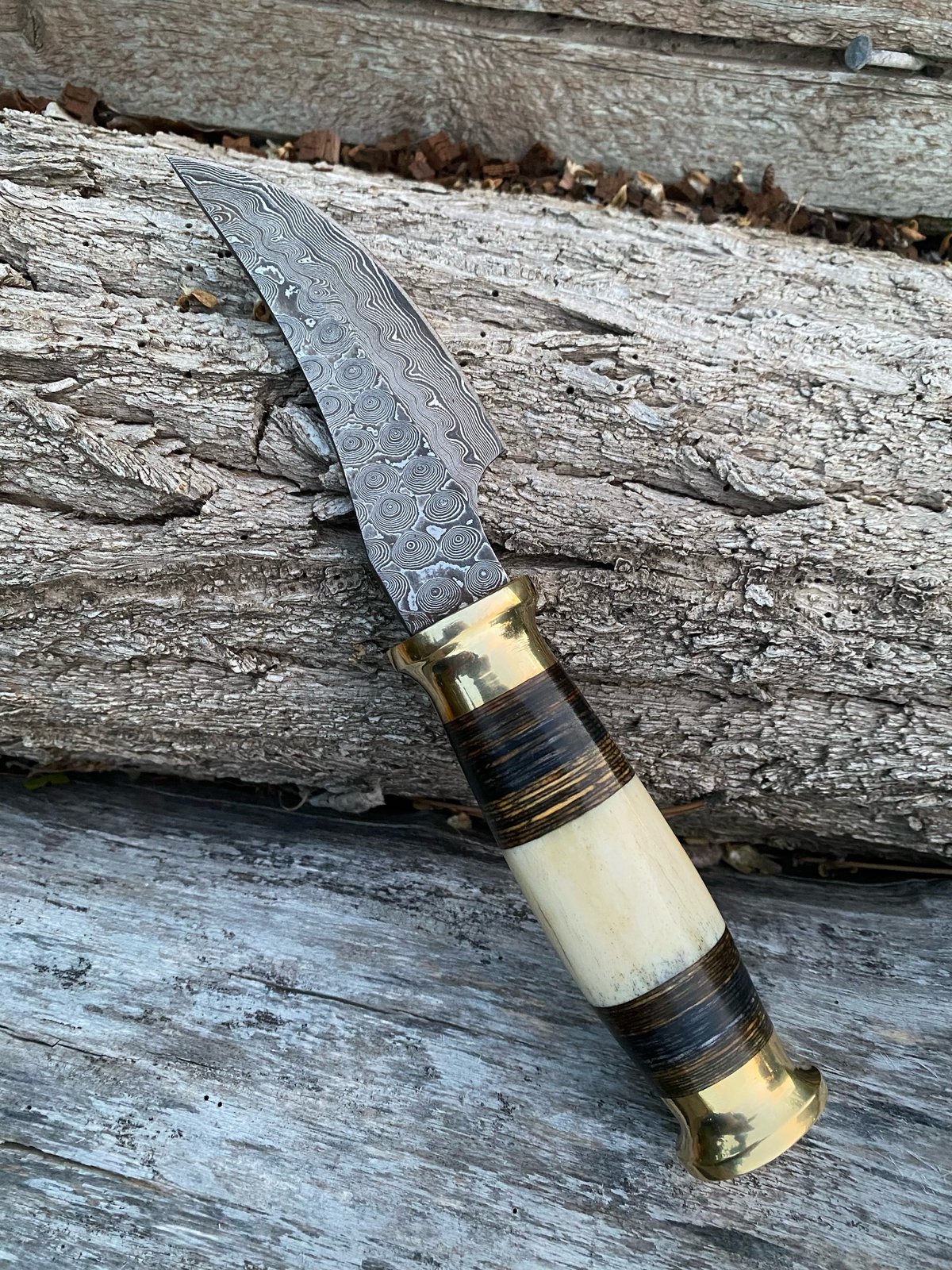 Raindrop Damascus knife w/learher sheath | Studio 909