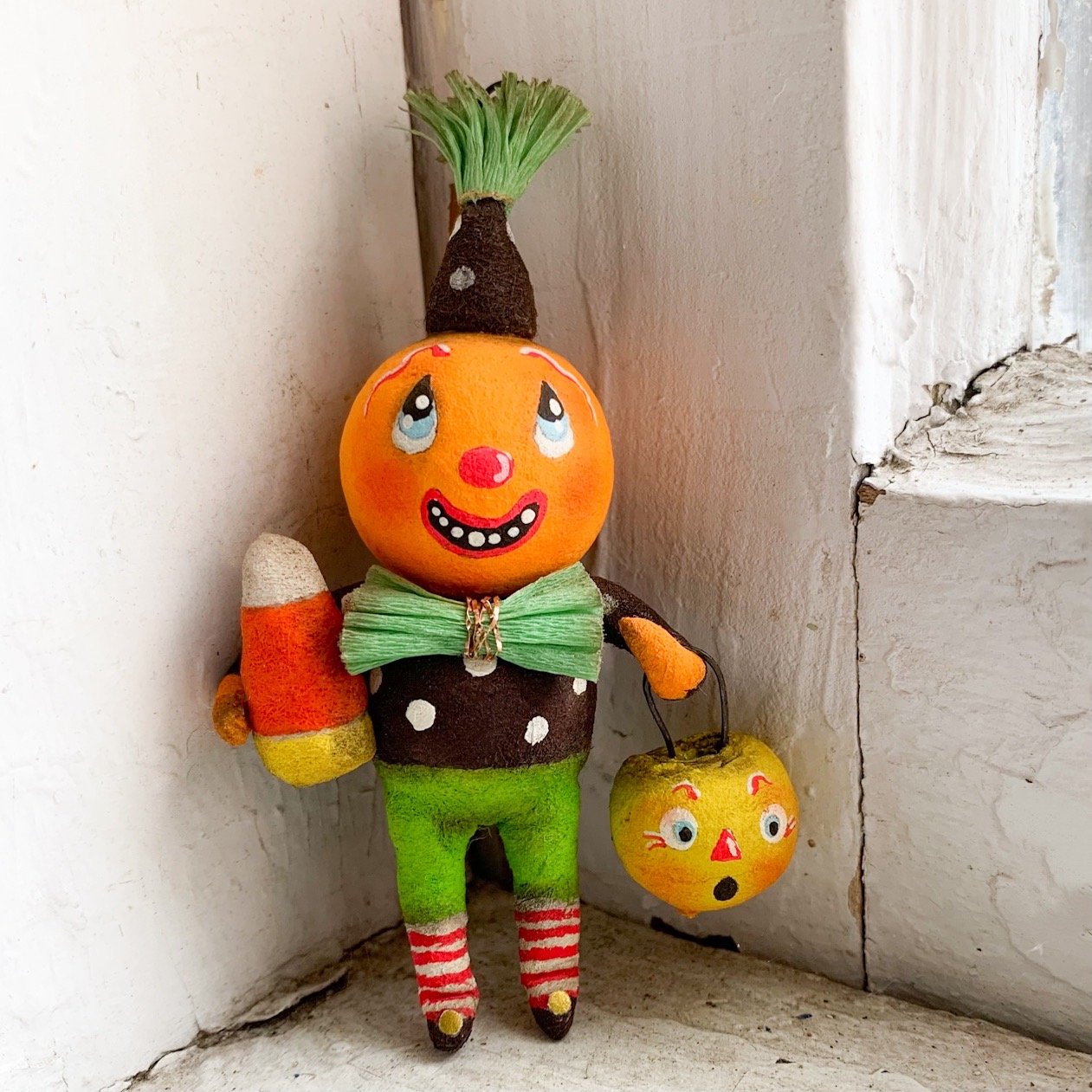 Goblin with Candy Corn and Jack O' Lantern | Spun Cotton Ornament Co.