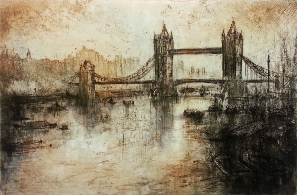 Michael Bond Etchings — "Old Thames and Tower Bridge", London, England