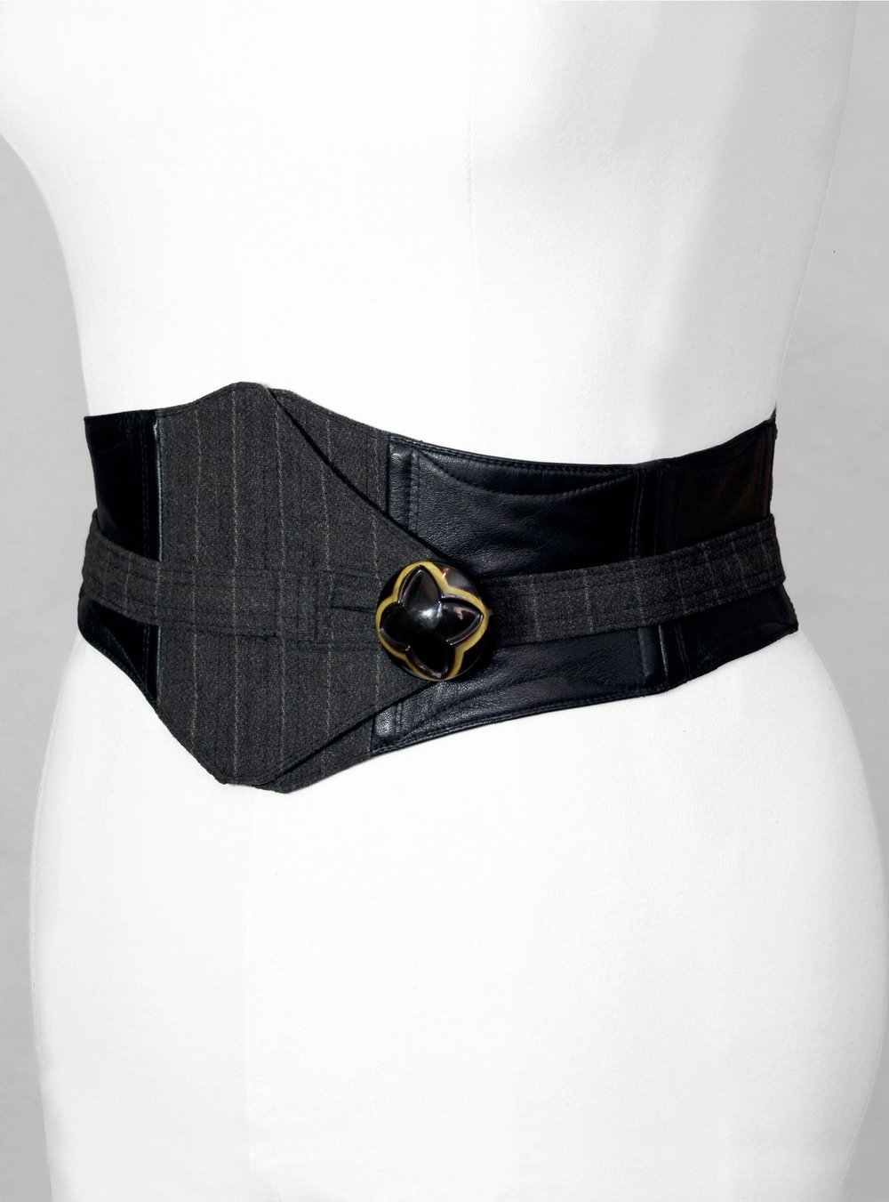 Black Leather and Stripe Wool Corseted Belt | Paloma Soledad