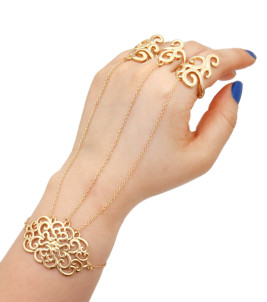 Floral Triple Ring Handpiece / Gold element Jewelry