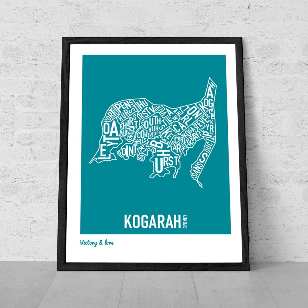 Kogarah City Typographic Map - Aqua / Victory & Lore