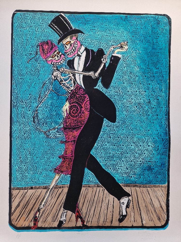 Tango (Turquoise) Large scale embellished Linocut | sweet toof