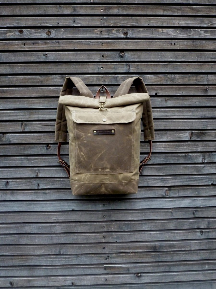 Waxed canvas rucksack / waterproof backpack with roll to close top ...
