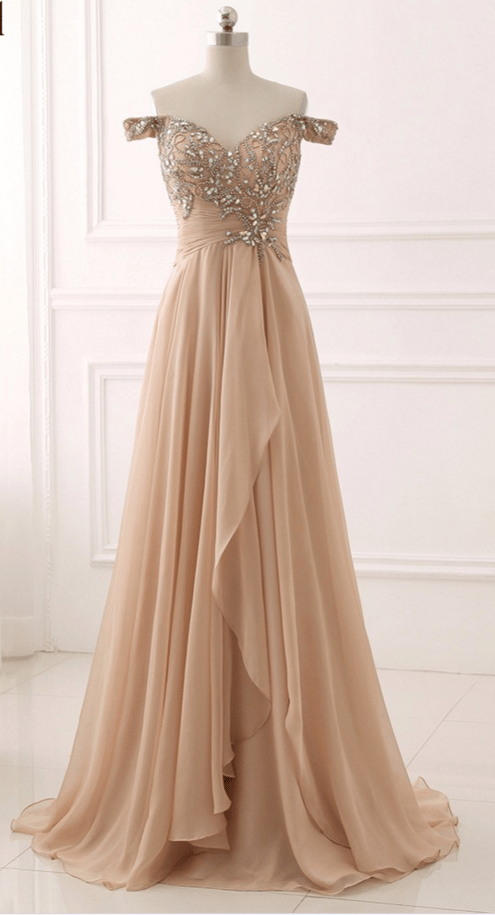 Champagne Sweetheart Off Shoulder Beaded and Sequined Prom Dresses ...