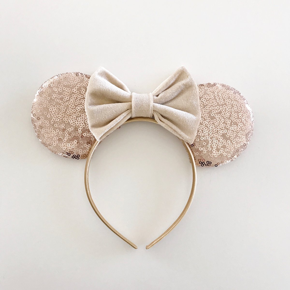 the daydream republic — Rose gold sequin mouse ears with vanilla velvet bow