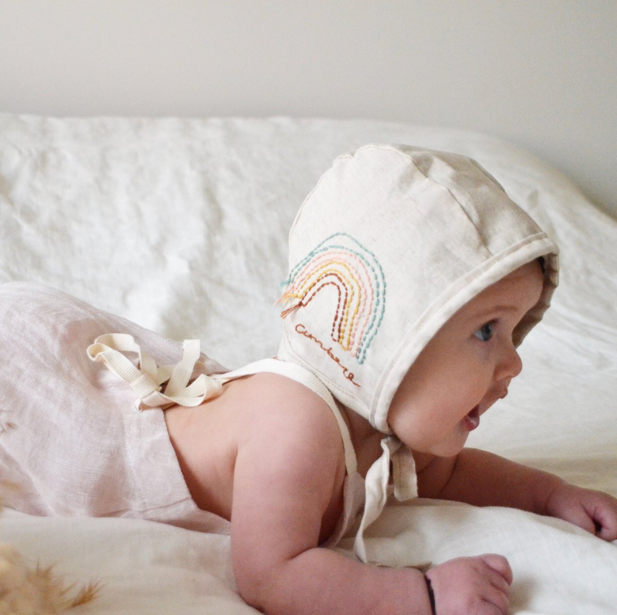 Embroidered Rainbow Linen Bonnet / Indi & Arrow