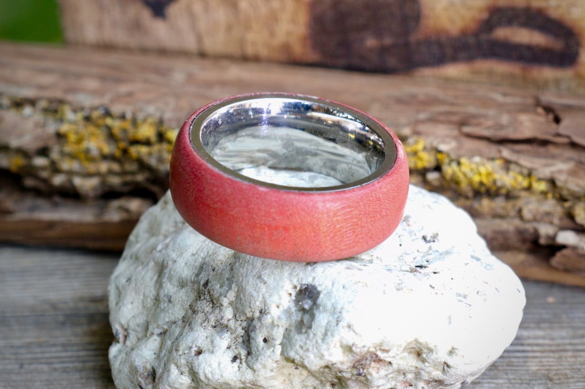 Hand turned pink ivory exotic wood ring | Bodie Bound Salvage Art