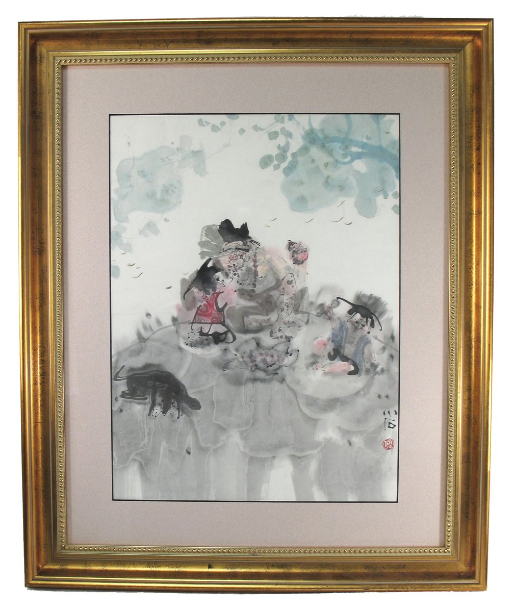 Fu Xiaoshi Ink Painting: Ji Gong with Children and Dog | Baum Galleries