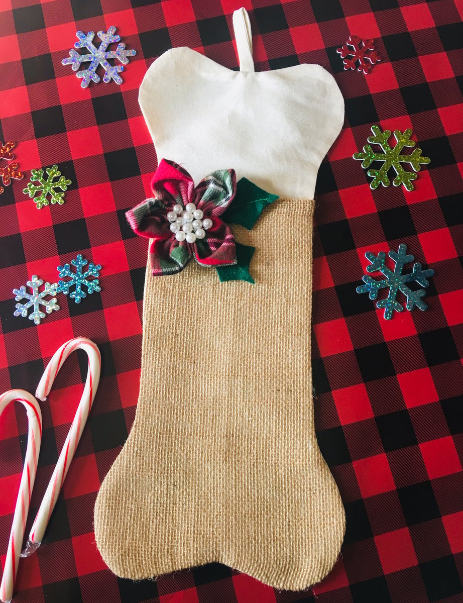 bellaspetbowtique.com | Burlap Dog Bone Stocking with Plaid Bow