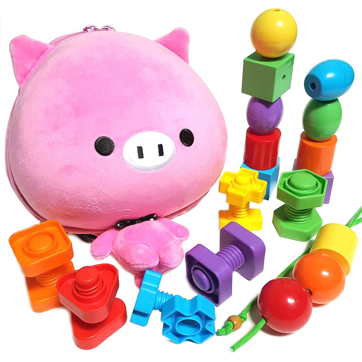 Pink Pig Backpack with Jumbo Stringing Beads & Nuts and Bolts for Kids ...