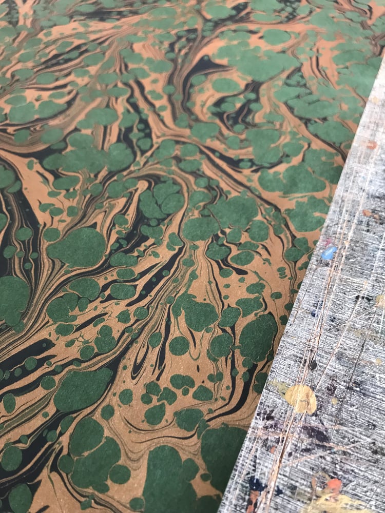Marbled paper #87 'Copper & Black Vein on Green' | Jemma Lewis Marbling ...