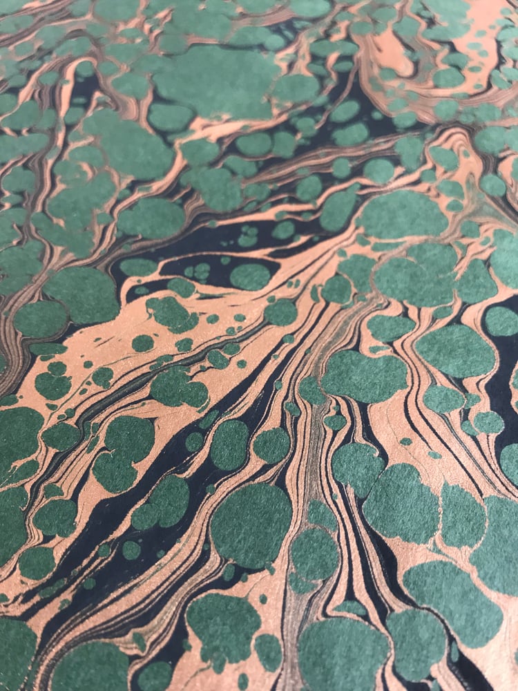 Marbled paper #87 'Copper & Black Vein on Green' | Jemma Lewis Marbling ...