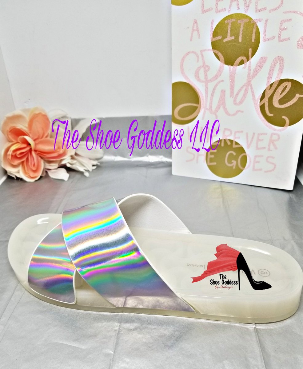 "Tisha" White Iridescent Slides | The Shoe Goddess LLC