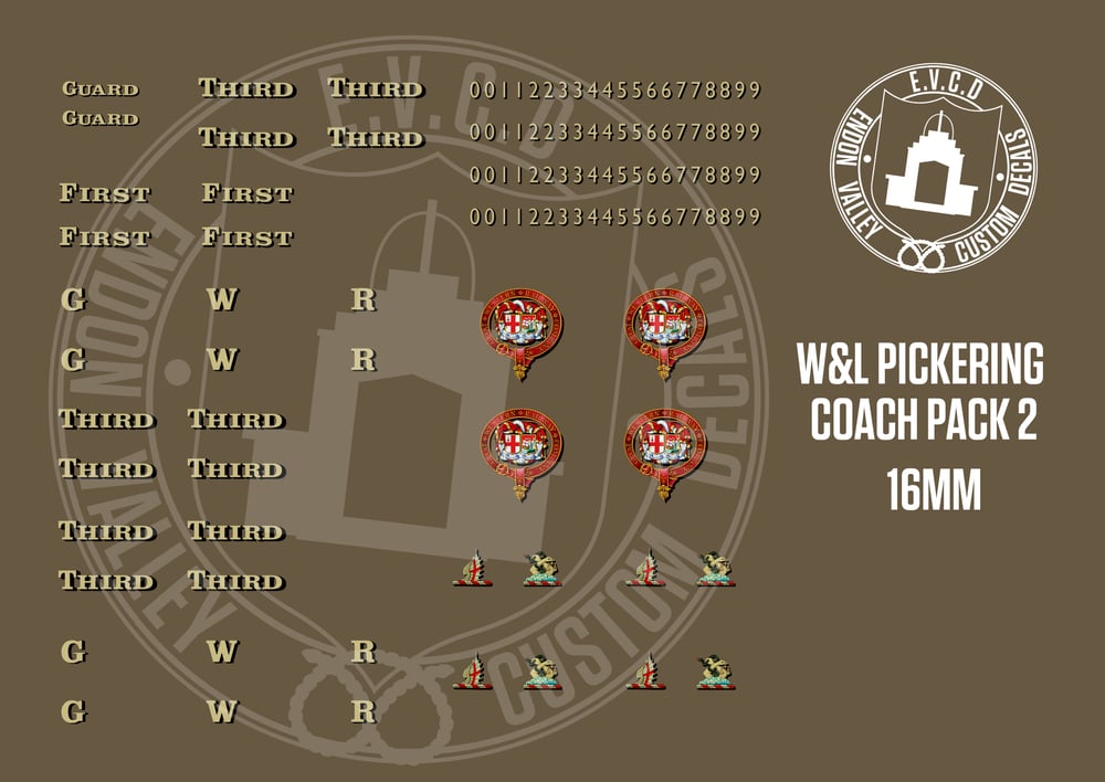 W&L Pickering Coach pack 16mm / Endon Valley Custom Decals