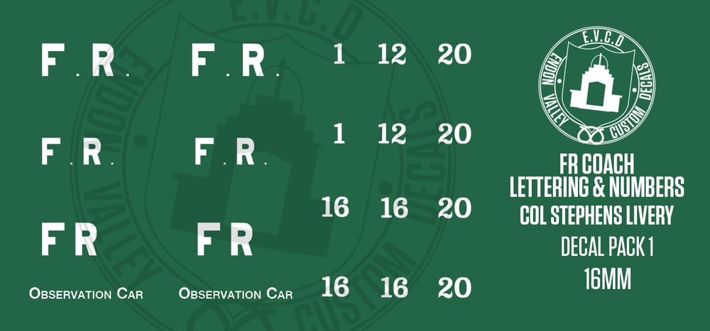 FR Col Stephens Livery Coach Decal Packs 16mm / Endon Valley Custom Decals