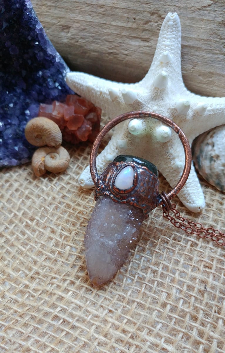 Cactus Quartz + Labradorite + Rainbow Moonstone Pendant | Gem and Pebble