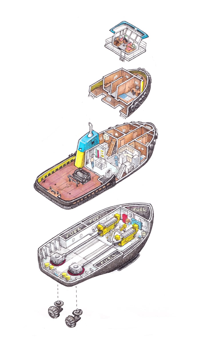 Tug Boat - Exploded View 12" X 7" | The Scow