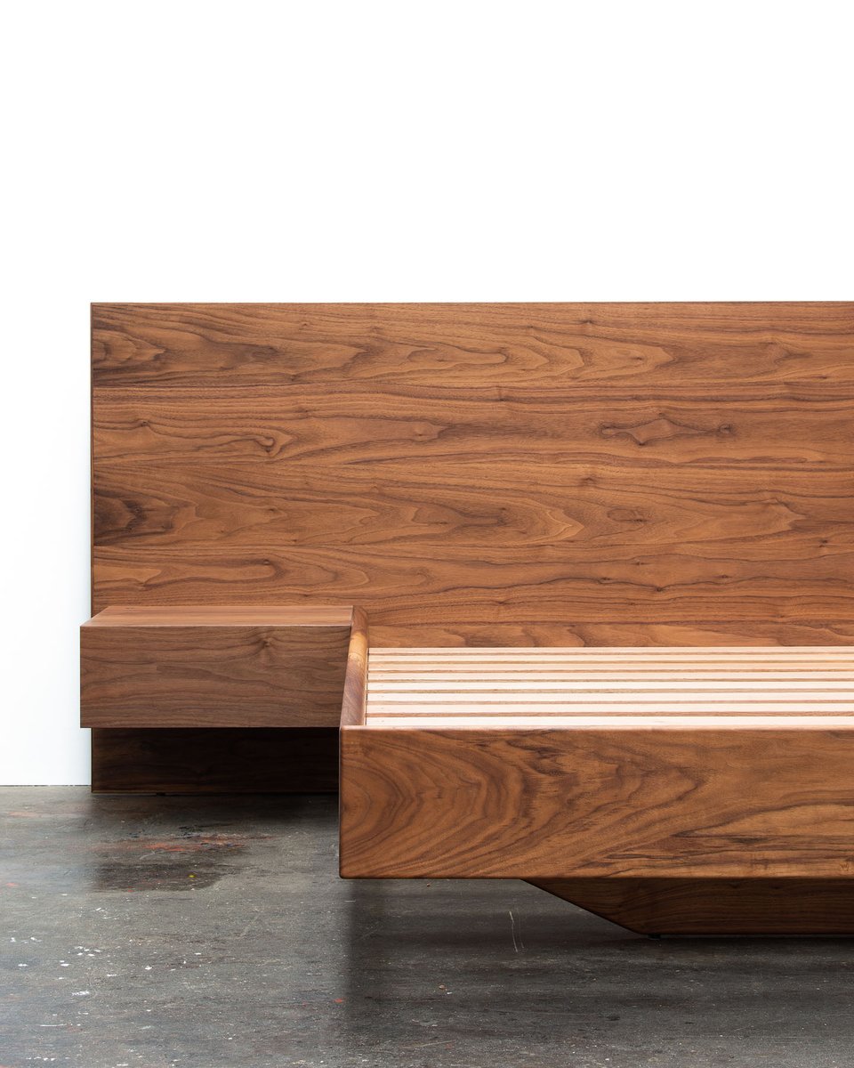 FLOATING BED WITH MITRED DRAWERS IN AMERICAN WALNUT | Simon Ancher Studio