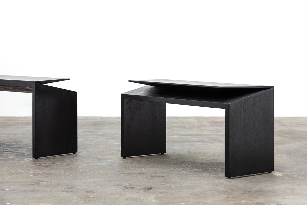 CLIPPED WING BENCHES IN TORCHED TASMANIAN OAK | Simon Ancher Studio