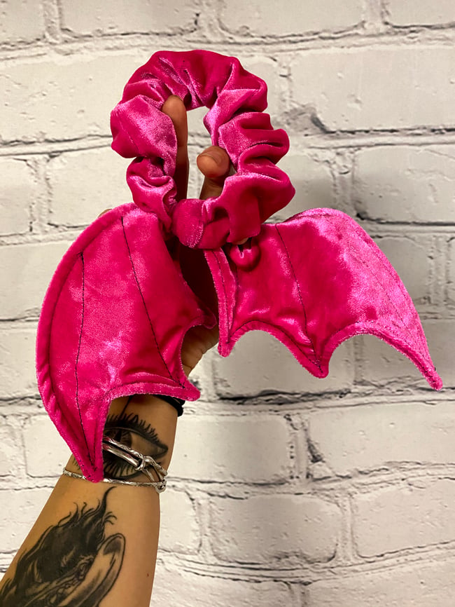 Hot Pink Velvet Bat Wing Scrunchie | sophireaptress