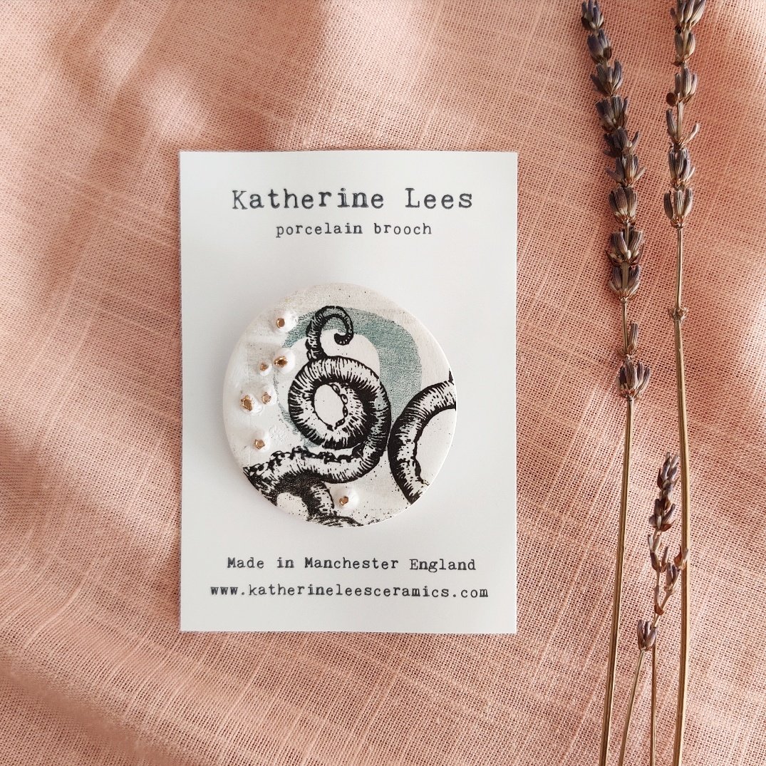 Large screen printed porcelain octopus brooch | Katherine Lees