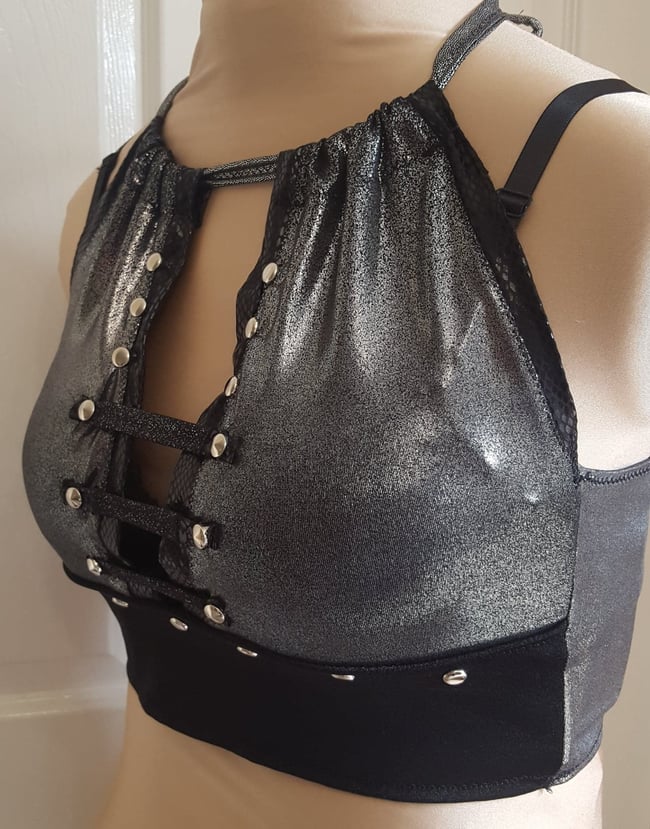 Metallic silver & black spandex, ladder front, cropped halter bralet ...