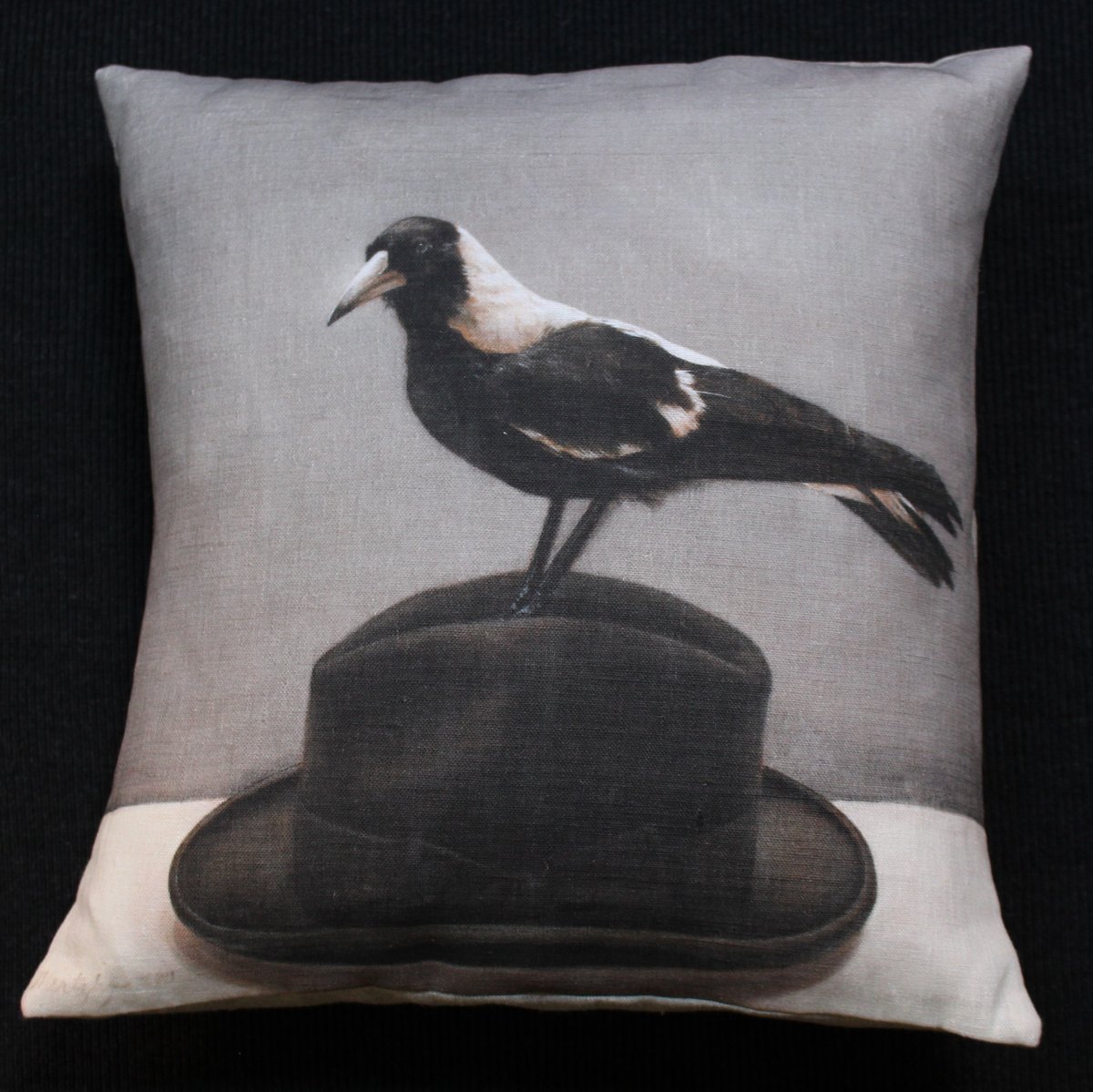 Linen Magpie on Hat Cushion | Anita Mertzlin