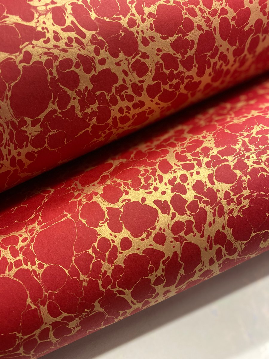 Marbled Paper #30 'Gold Italian vein' hand marbled on red base paper ...