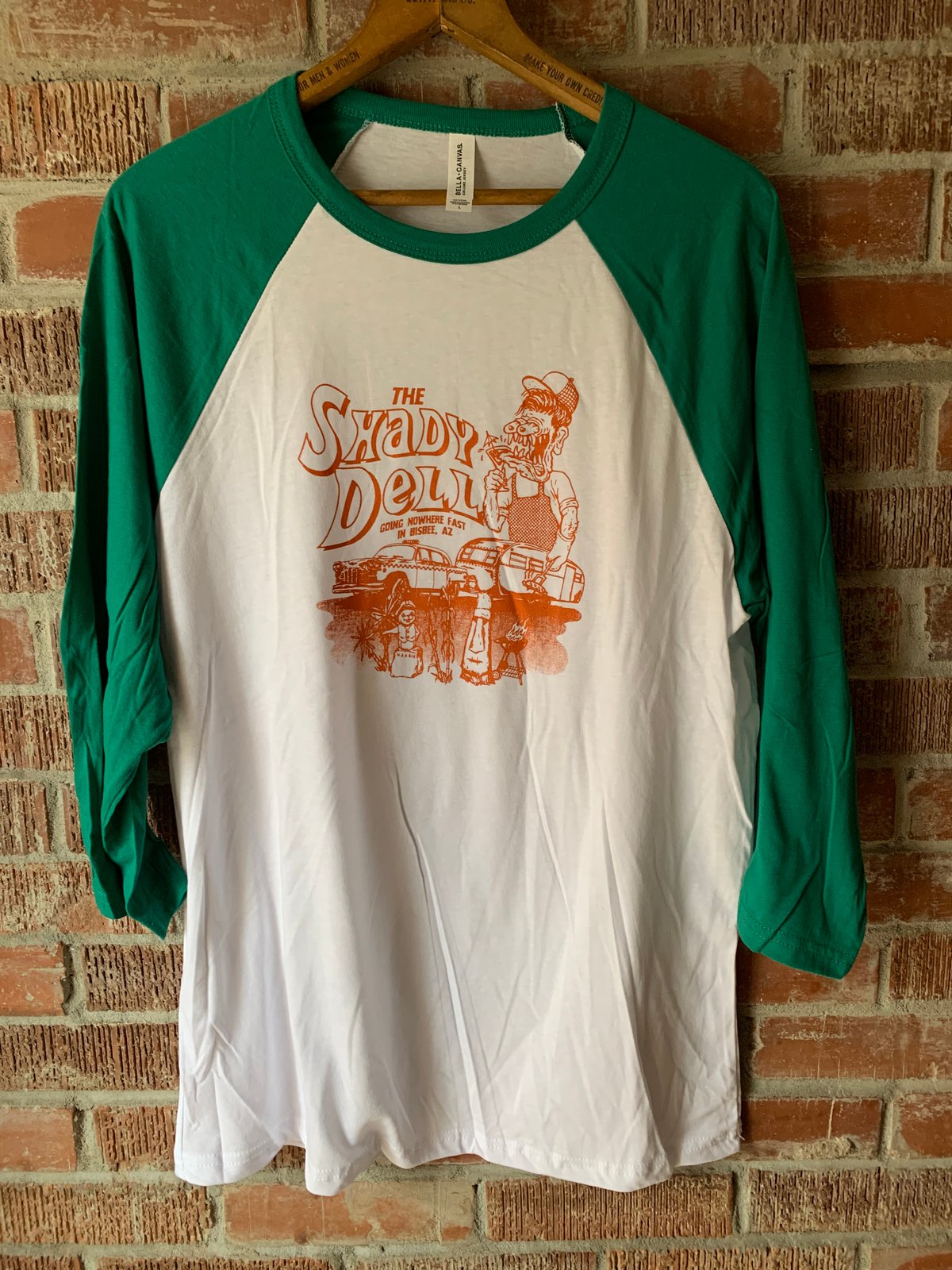 Raglan with NEW Design in Orange, Green Sleeves / The Shady Dell