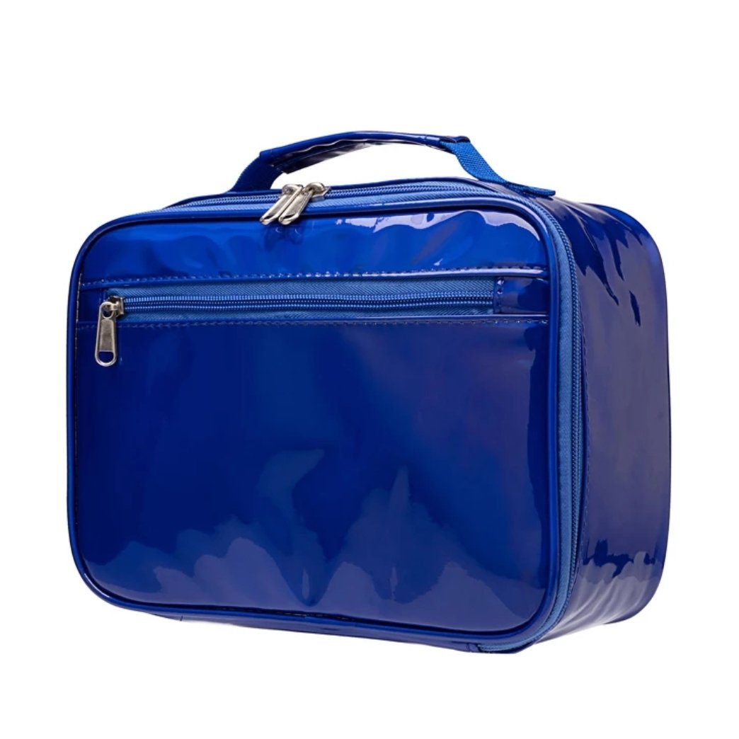 Shiny blue insulated lunch bag + personalization | Apples and Bananas