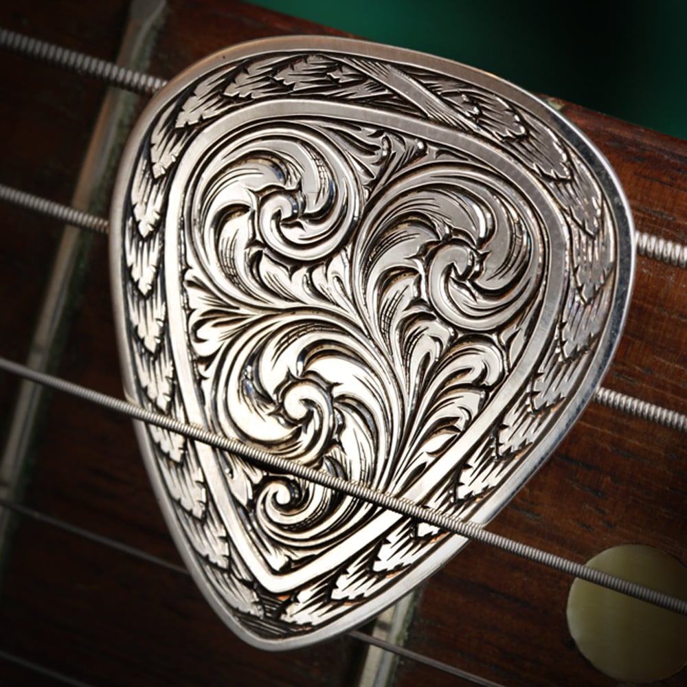 Custom made Sterling Silver Guitar pick | Wade Oliver Wilson Engraving