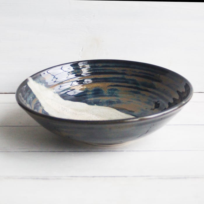 Modern Rustic Shallow Serving Bowl with Swirling Dark Glazes, Pottery ...