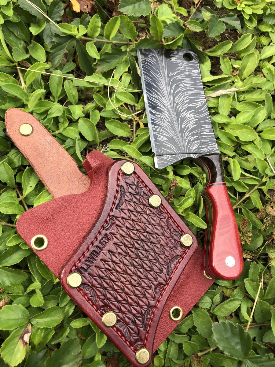 Red Mini Cleaver Damascus feather pattern | Willey Choppers