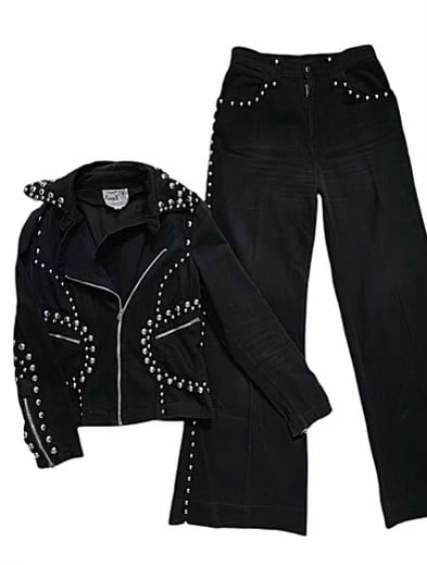 1970s studded black Roncelli Moto jacket suit | Squashblossom