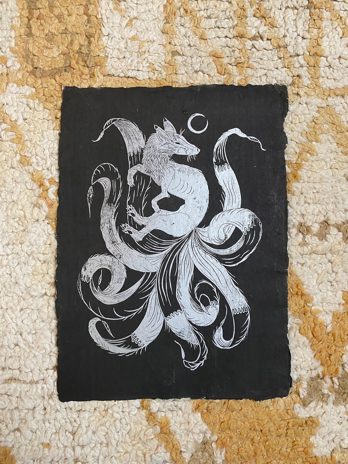 Kitsune Linocut on Black Earth Lokta LAST ONE | Skyfyre Studio