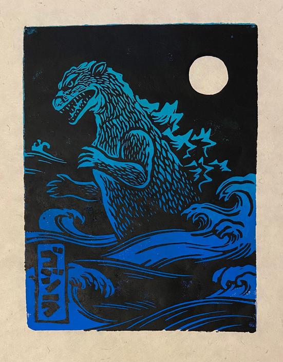 Godzilla At Sea Block Print | Brian Reedy