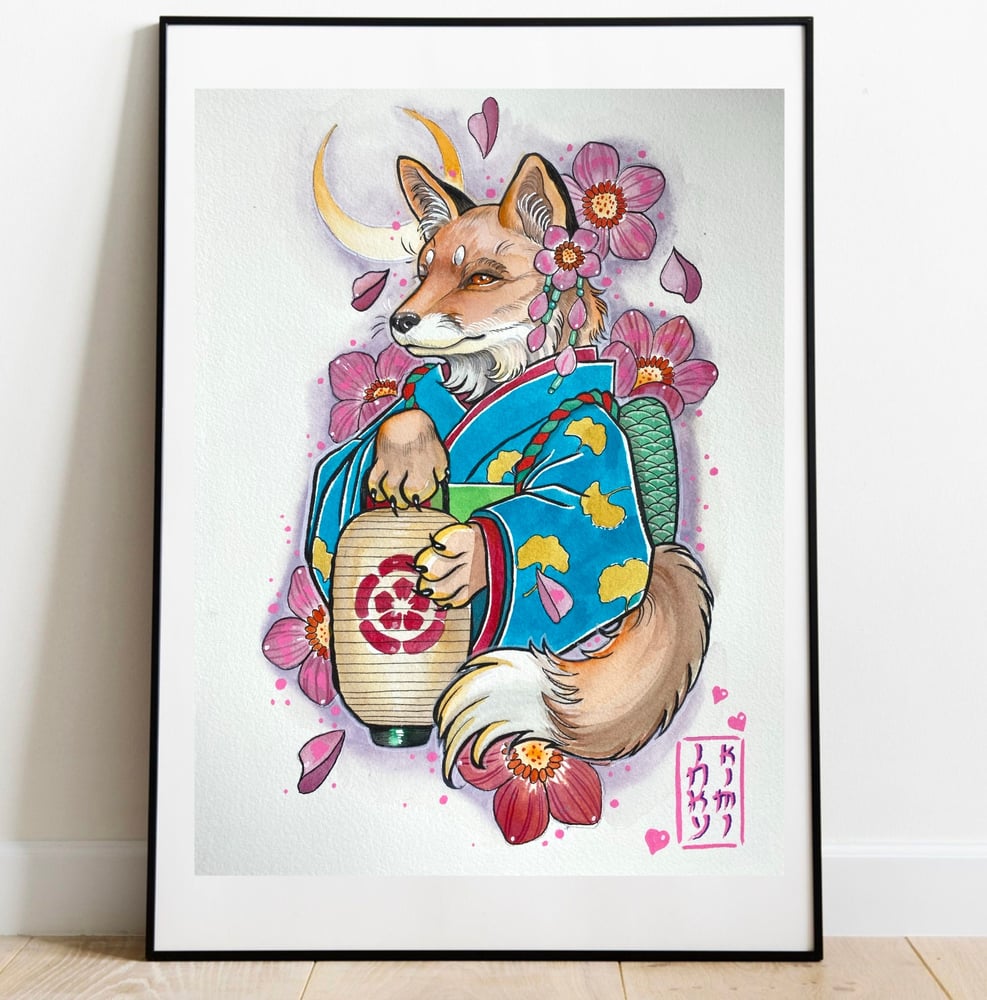 Japanese fox girl art. Kitsune girl print. Japanese wall art. | Inky ...