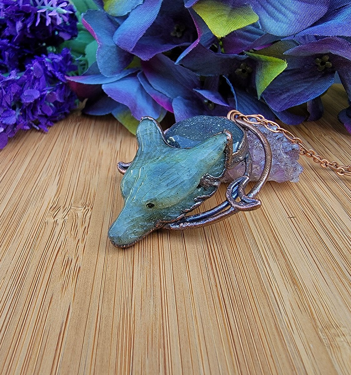 Carved Labradorite Wolf + Black Sunstone Pendant | Gem and Pebble