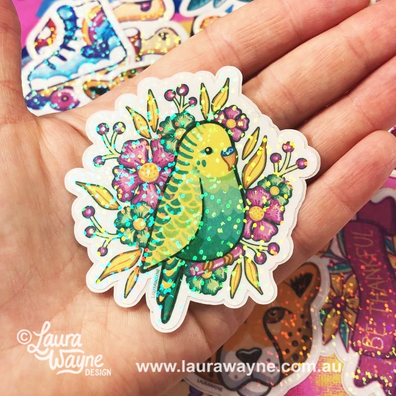 Blessid Budgie Holographic Sticker | Laura Wayne Design