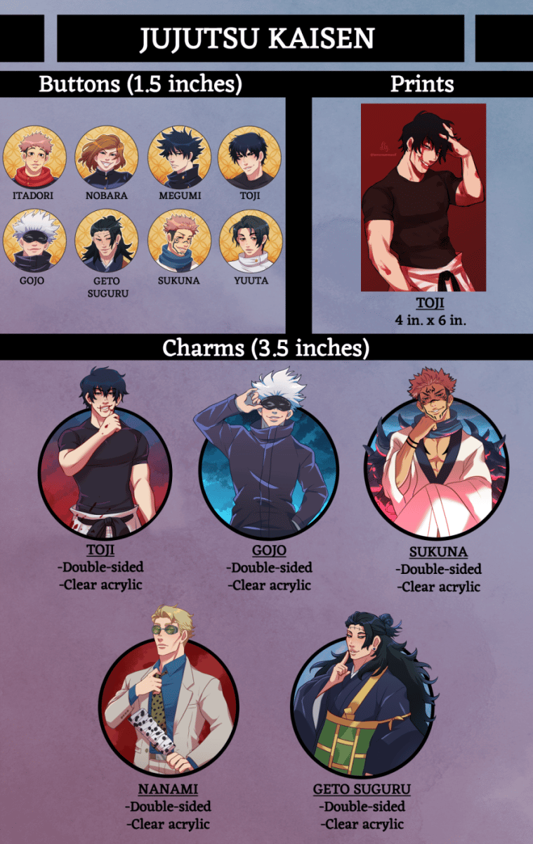 Jujutsu Kaisen Buttons, Charms, and Prints | Lemon Boba