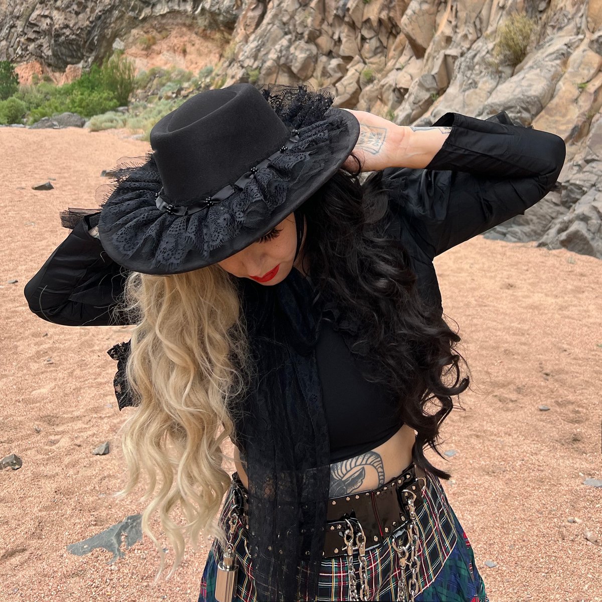 Lace ruffle and bow wide brim sun hat with ties gothic pinup style ...