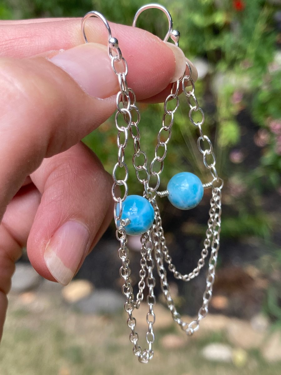 The Mala The Mission Larimar Earrings Premium Larimar and Sterling Silver Dangle Earrings Copper Pectolite Earrings