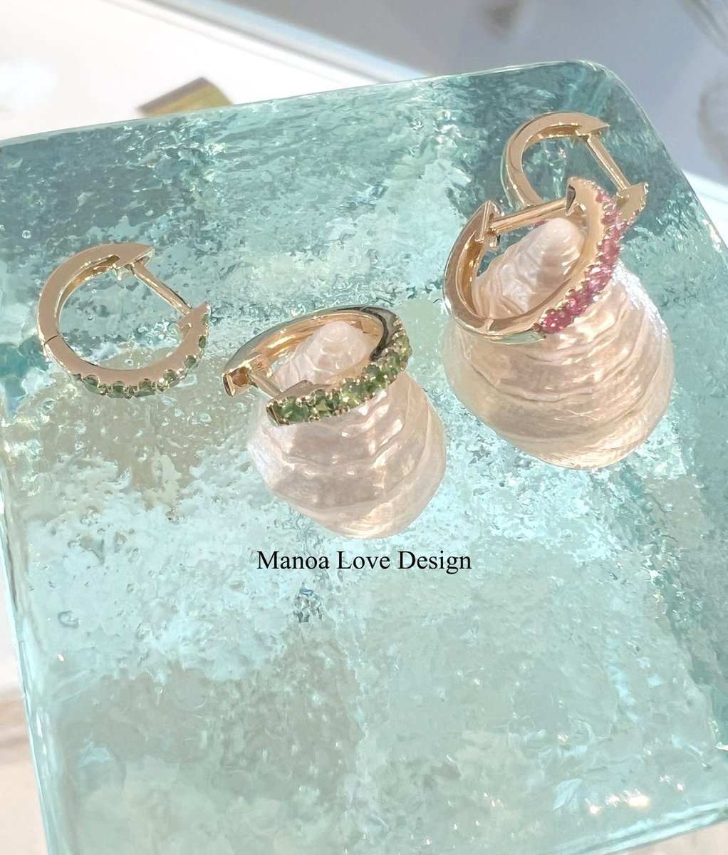 14k solid gold gem store hoop earrings (green garnet, pink and white ...