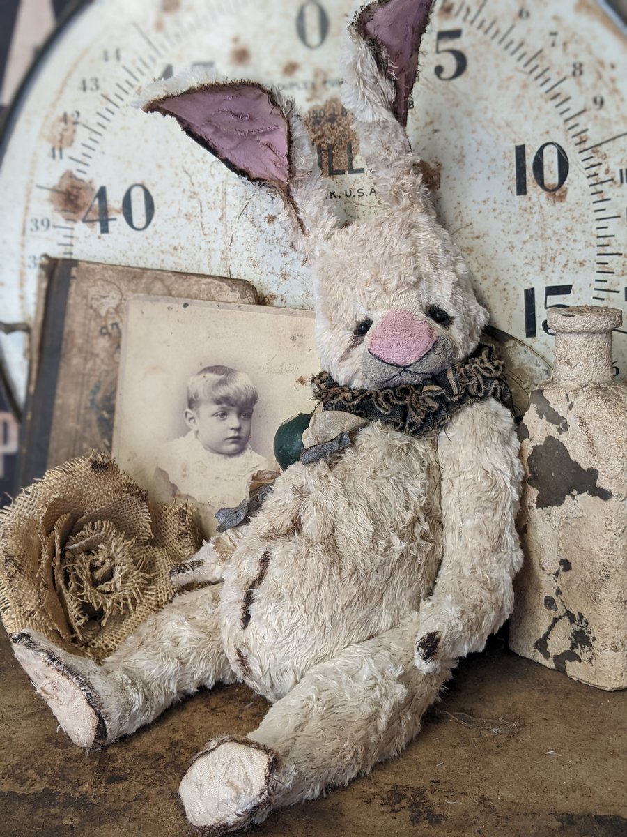 Jumbo - 19" - Vintage Mohair CREAM Rabbit with french ticking collar ...