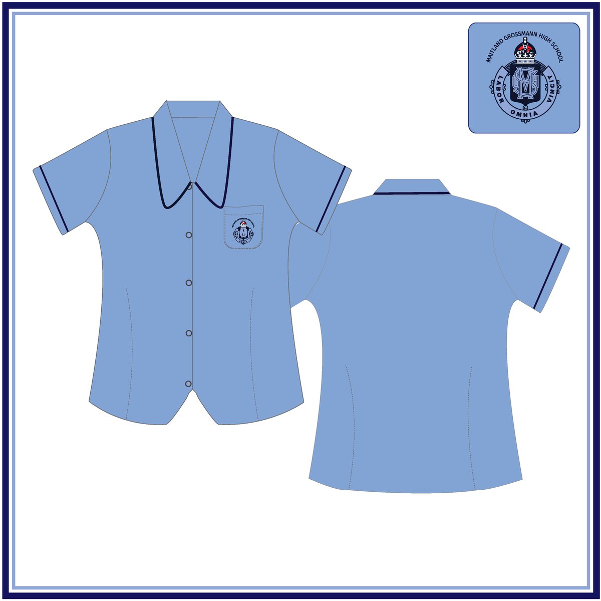 BME - Senior Girls Sky Blue Blouse Navy Piping $36.95 | MGHS Uniform Shop