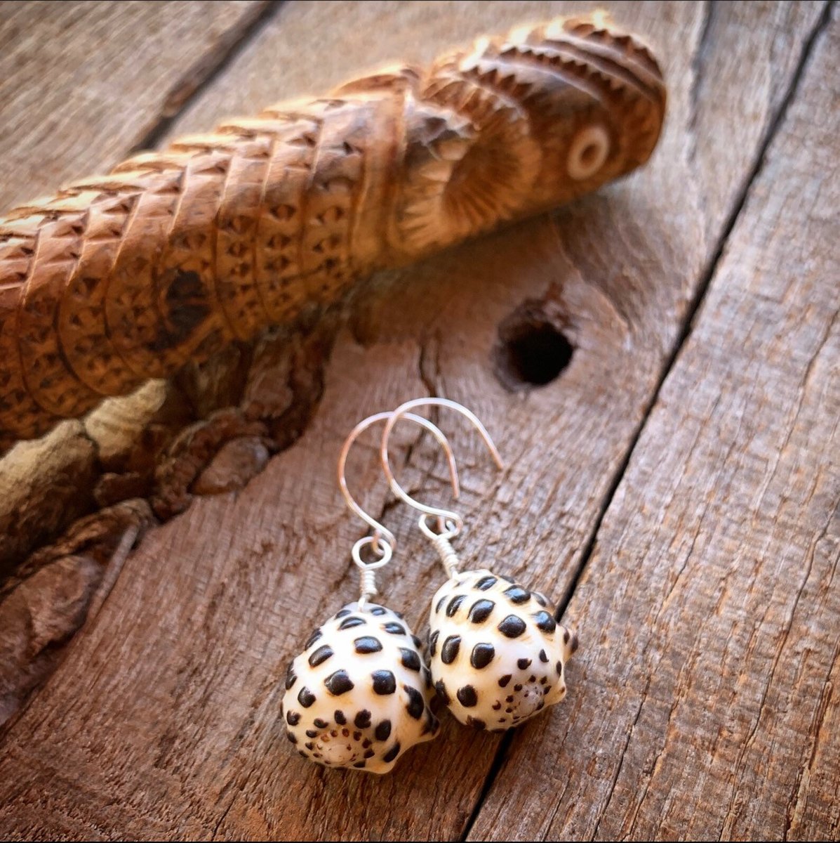Makamae O Molokai — Hawaiian spotted drupe shell earrings on sterling ...