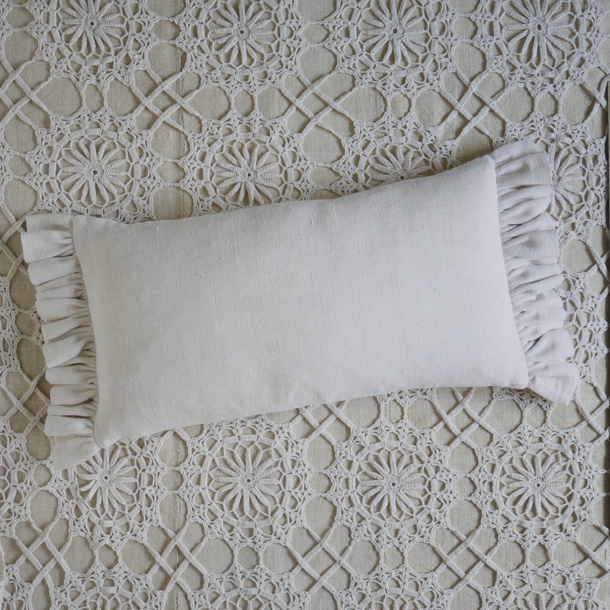 Frilled antique French Linen Cushion. - Rectangle | James and Joanna Design